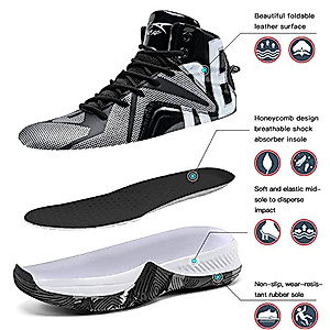 ASHION Little Big Youth Kids Basketball Shoes Boys High-Top Sneakers Girls Outdoor Sports Shoes Black Silver,4 Big Kid
