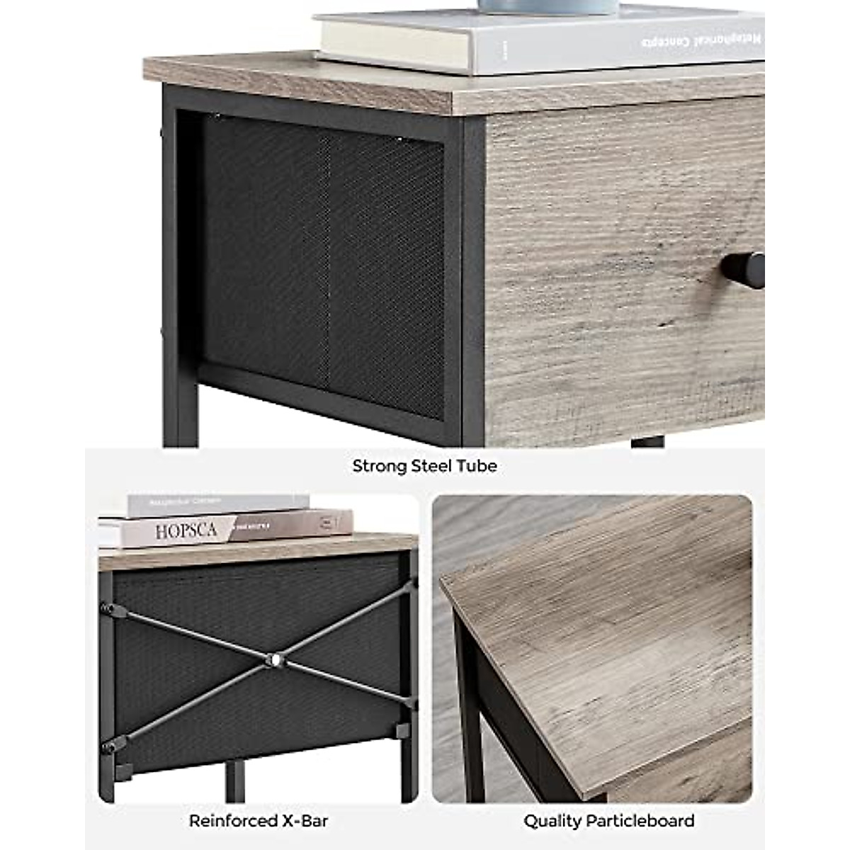 VASAGLE Nightstand, Side Table with Fabric Drawer, 24-Inch Tall End Table with Storage Shelf, Bedroom, Greige and Black ULGS021B02