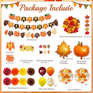 Fall Pumpkin Birthday Party Decorations, 97 Pcs Thanksgiving Autumn Themed Birthday Party Supplies Including Happy Birthday Pumpkin Banner, Cake Toppers, Maple Leaves, Balloons, Paper Pompoms