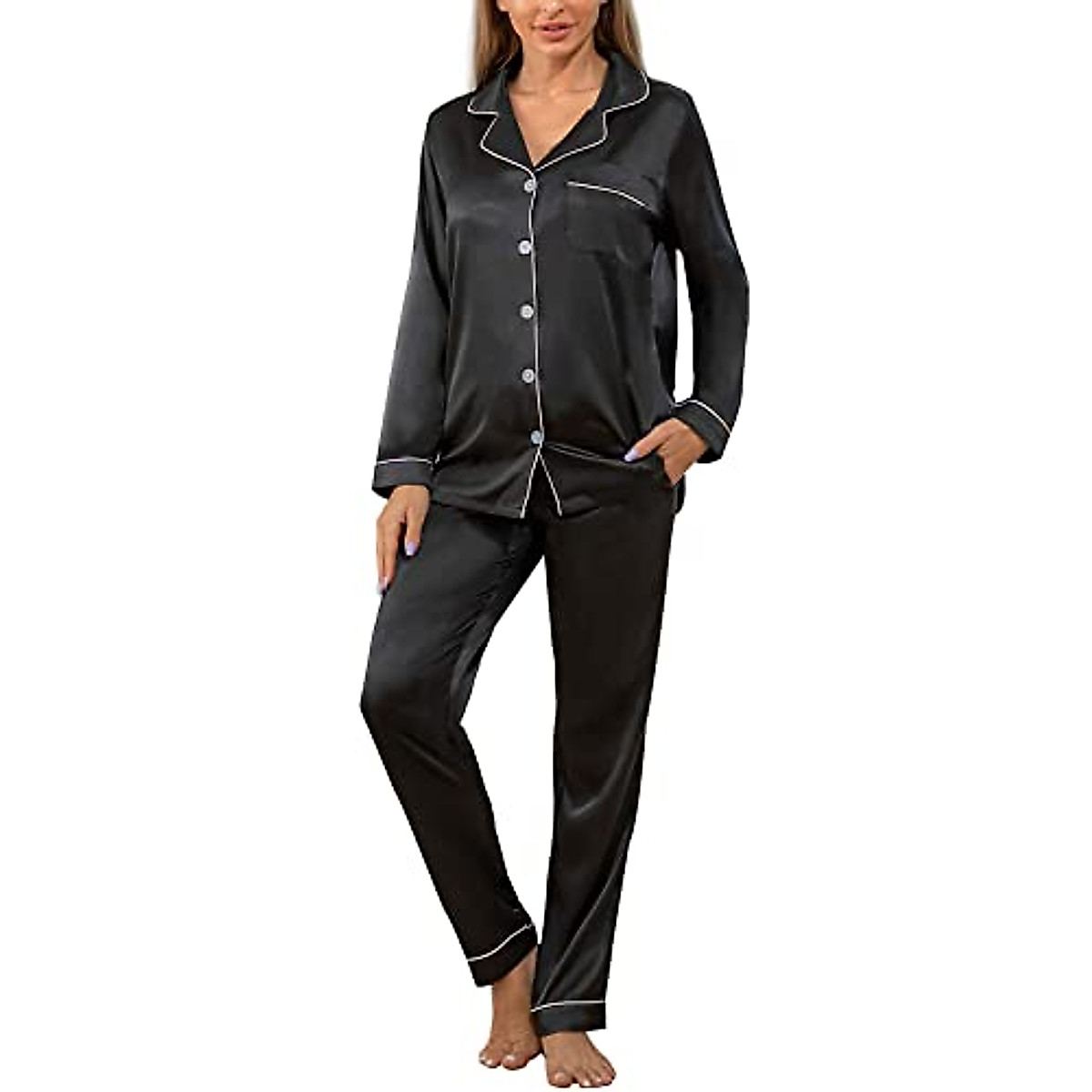 YIMANIE Womens Pajamas Silk Satin Pajama Sets for Women Soft Button Down Womens Loungewear Set with Pockets Black