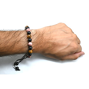Taurus Zodiac Crystal Bracelet - Rhodonite Mariyam Jasper Black Tourmaline Birthstone Bracelets Women Men Healing Calming Anxiety Stress Relief Gifts (Adjustable)