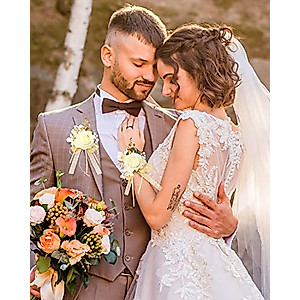 Rose Wrist Corsage and Boutonniere Set Artificial Corsage Wristlet Bracelet for Wedding Decorations Prom Ceremony Accessories (2pcs, Champagne)