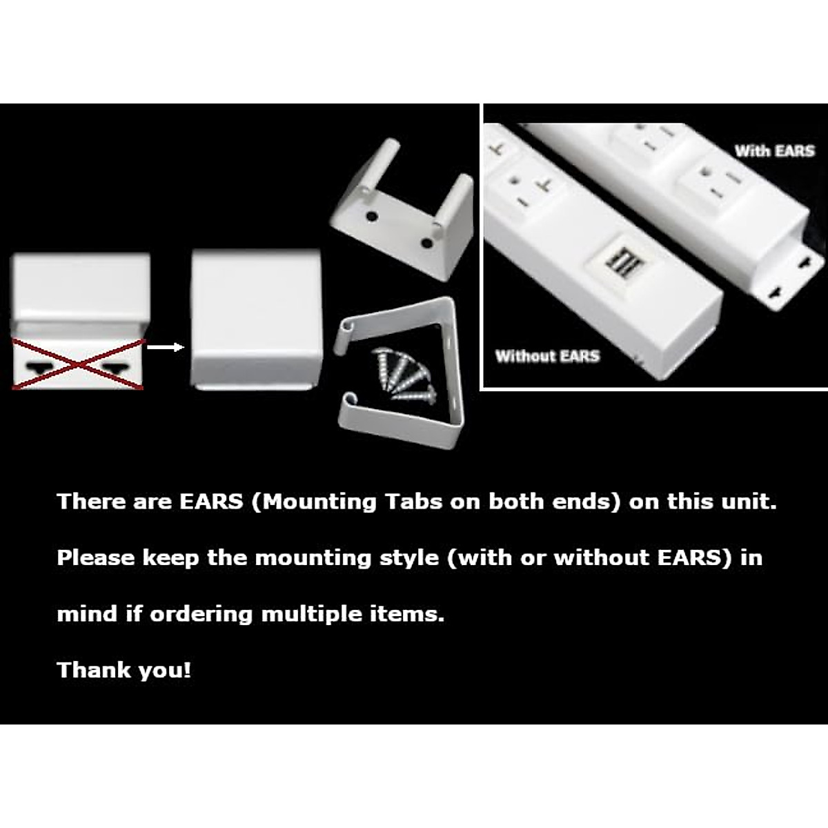 24” Hardwired Power Strip, 6 Vertical Outlets (NOT Tamper Resistant), NO Ears (Without mounting tabs), 15A (NOT a 20 Amp Unit), with USB, White