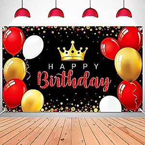Happy Birthday Backdrop Birthday Banner Birthday Party Decorations Photo Booth Background Supplies Printed with Crown & Balloons 6 x 4ft (Black and Red)