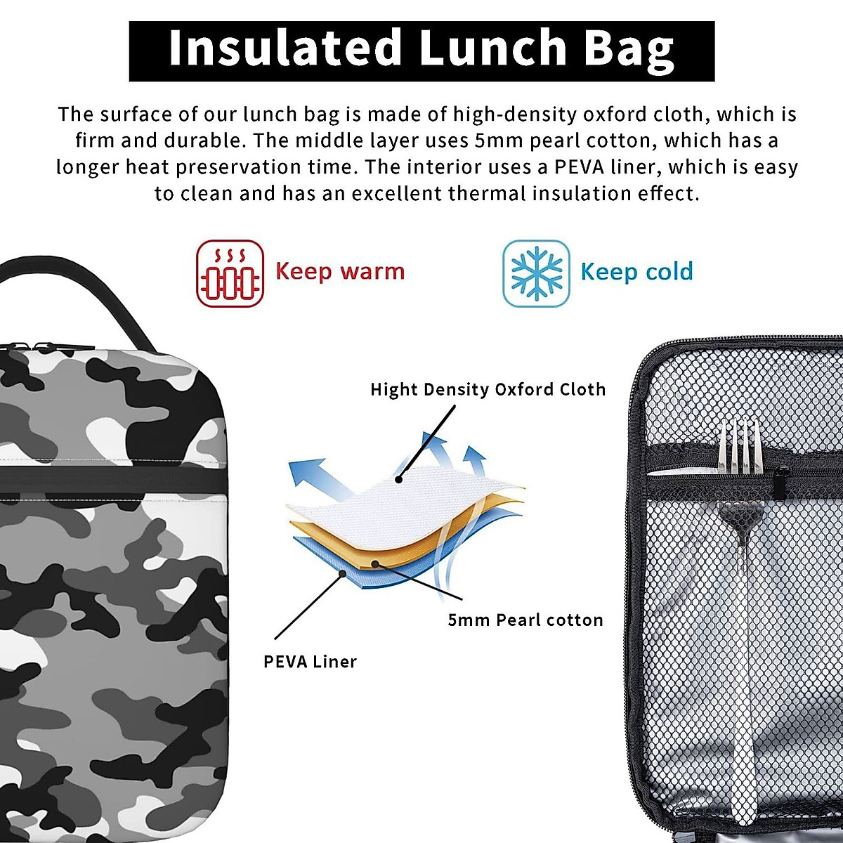 SUPLUCHOM Lunch Box Black White Camo Camouflage Insulated Bag Reusable with Side Pocket for Work School Picnic Hiking Daytrip Kids Boy Men Student Over 3 Years Old