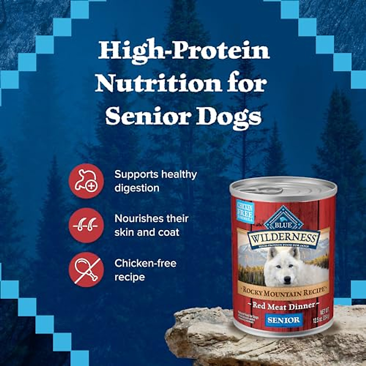 Blue Buffalo Wilderness Rocky Mountain Recipe Senior Wet Dog Food, High-Protein & Grain-Free, Made with Natural Ingredients, Red Meat Recipe, 12.5-oz. Cans (12 Count)