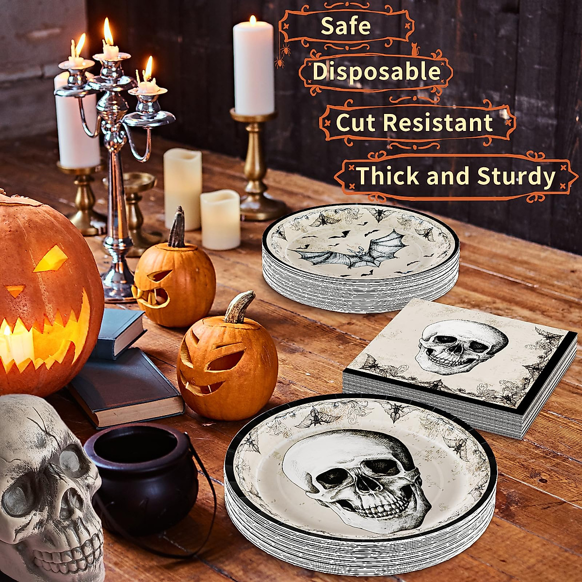 DYLIVeS Halloween Party Plates and Napkins Set, 150 Pcs Halloween Skull Bats Tableware for Boys Adult Happy Halloween Party Supplies Disposable Dinnerware Holiday Halloween Decorations, Serve 50