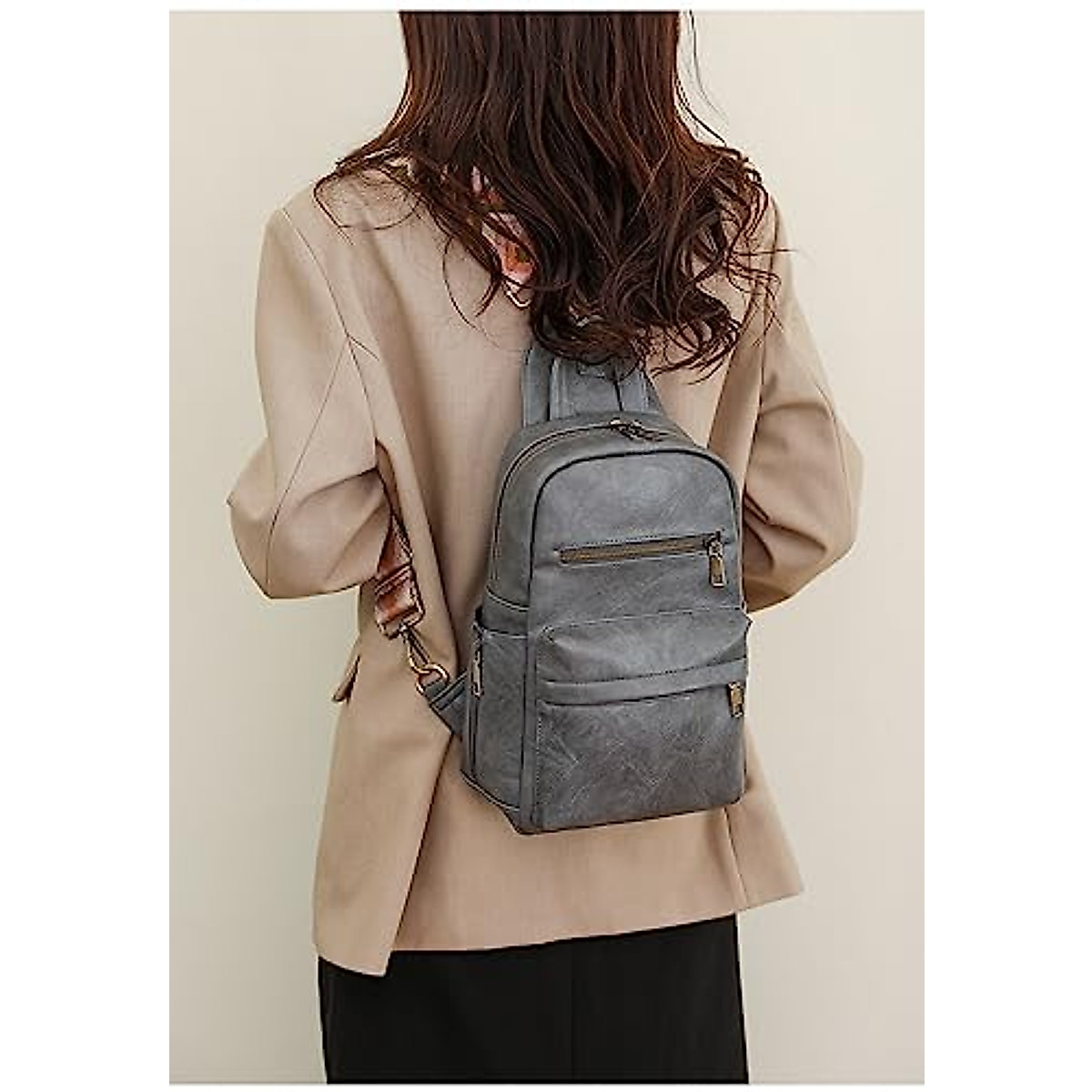 Sling Bag with 2 Guitar Strap for Women Vintage Pu Leather Chest Bag Casual Crossbody Shoulder Daypack for Hiking (grey)