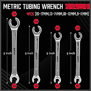 SEDY 4-Piece Flare Nut Wrench Set, Offset End Spanner Metric 9,10, 11,12, 13, 14, 15, 17mm, CR-V Steel, with Storage Pouch for Repair and Remove Nuts on Fuel, Tube, Hose, Transmission Lines