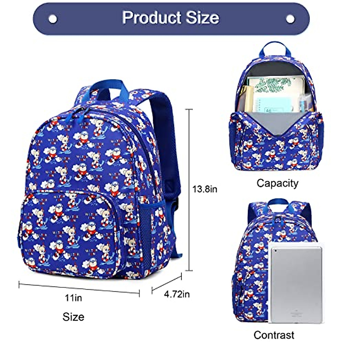 Toddler Kids Backpack For Girls Boys, 13.80" x 11.02" x 4.72" Unicorn Backpacks with Adjustable Padded Shoulder Straps For Age 3-6 (Blue Bear)