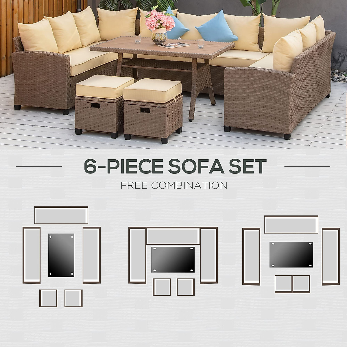 Outsunny Patio Furniture Set, 6 Piece PE Wicker Outdoor Furniture, Conversation Set with Ottomans, Table & Chairs, All Weather Sectional Sofa Couch, Blue Pillows, Khaki