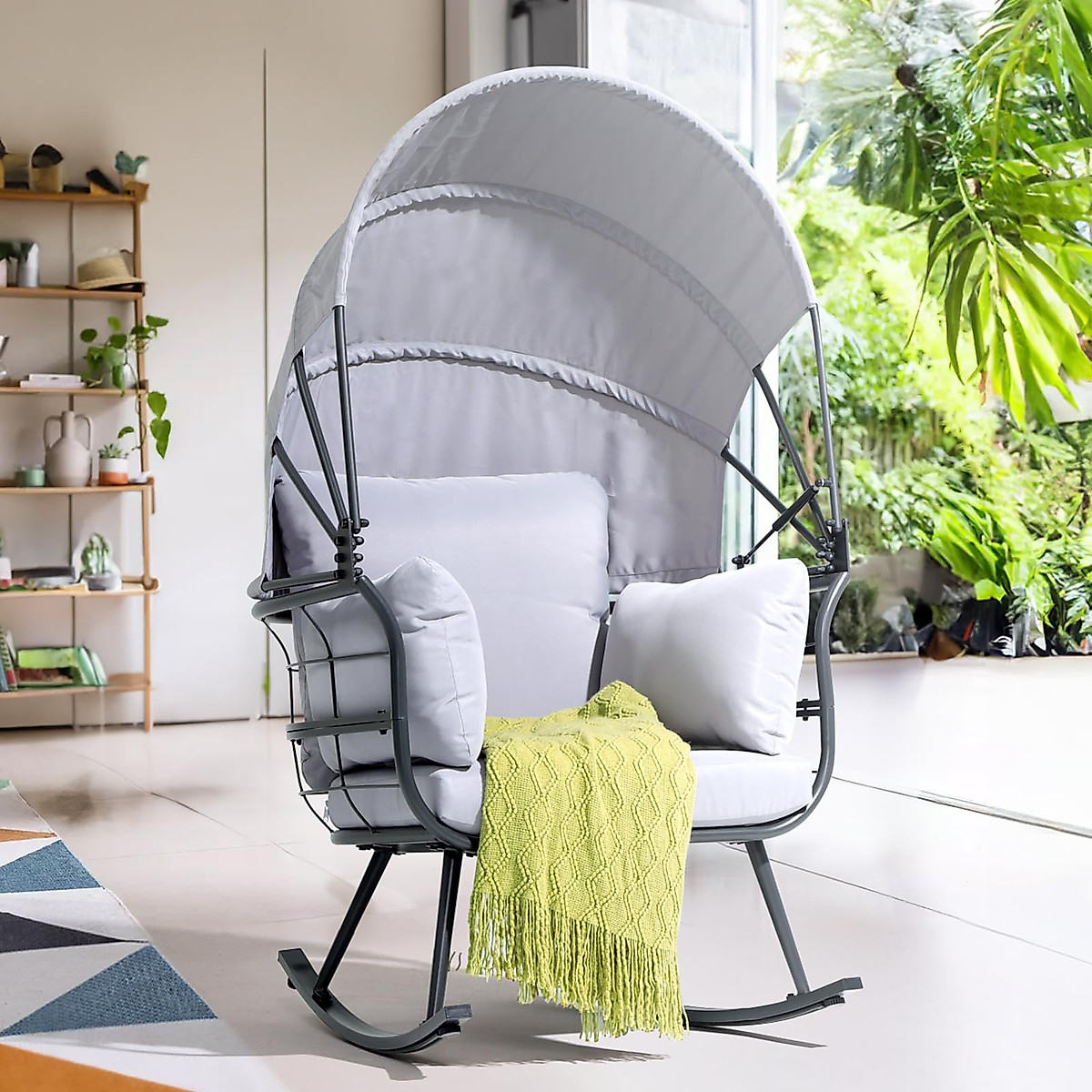 Patiorama Outdoor Indoor Rocking Egg Chair, Patio Rocker Chair with Retractable Canopy, All-Weather Outside Oversized Lounge Chair with Cushion for Garden Balcony Living Room, 350 lbs Capacity, Grey