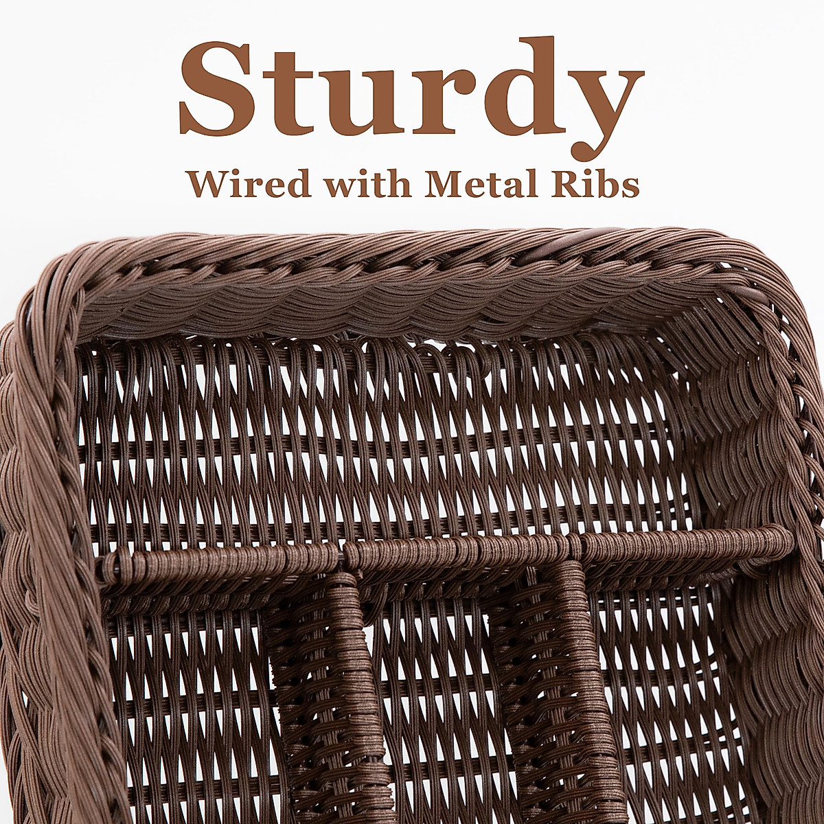 myHomeBody Rectangle Wicker Utensil Holder | Utensil Organizer | Cutlery Organizer for Kitchen Organization | Kitchen Utensil Drawer Organizer Kitchen Accessories | 1 pc, Dark Brown