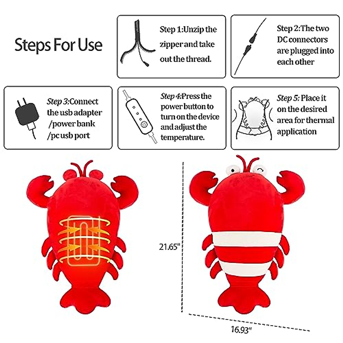 Cozy Plush Heating Pad for Menstrual Cramps & Neck Shoulder Pain Relief - Adorable USB-Powered 21'' Lobster Design, Gift for Daughter, Girlfriend, or Wife