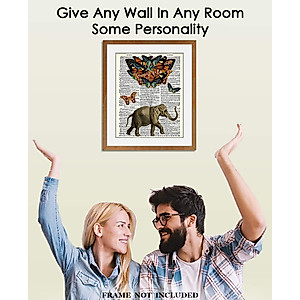 Elephant With Butterfly Balloons Dictionary Wall Art Print: Unique Room Decor for Boys, Men, Girls & Women - (8x10) Unframed Picture