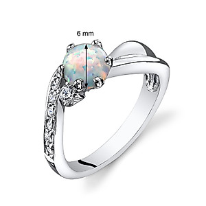 PEORA Created White Fire Opal Ring for Women 925 Sterling Silver, Love Wave Solitaire, Round Shape, Comfort Fit, Size 6