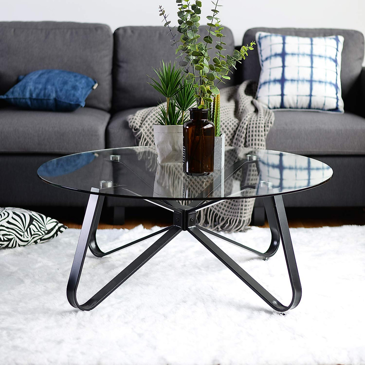wOod-it Round Coffee Table 31.5" Tempered Glass Top Black Metal Center Tables Small Circle Modern for Living Room