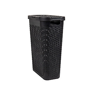 Mind Reader 40L Slim Laundry Hamper, Clothes Basket, Lid, Wicker Design, Plastic, 18"L x 10.4"W x 23.5"H, Black