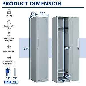BYNSOE Metal Locker 1 Doors 71" Employees Locker Storage Cabinet Locker School Hospital Gym Locker Requires Assembly (Grey, 1 Door)