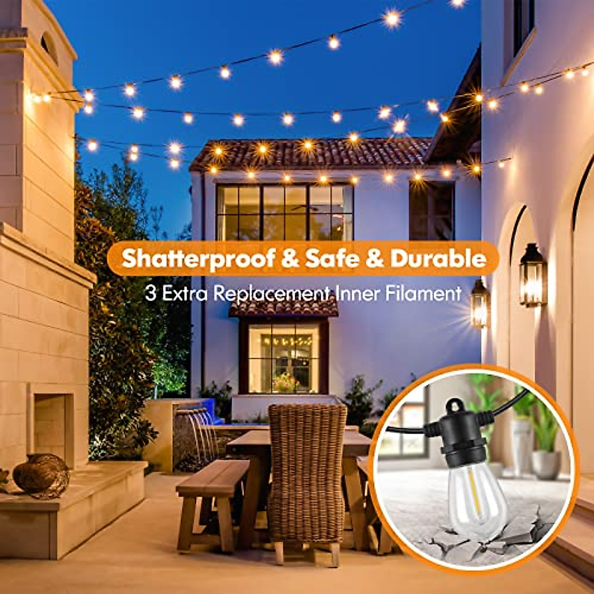 2-Pack 96FT(48×2) Outdoor String Lights for Patio with Waterproof Shatterproof Dimmable 2700K E12 LED Filament Bulbs, Linkable Commercial Grade Black Hanging String Lights for Garden Porch Backyard