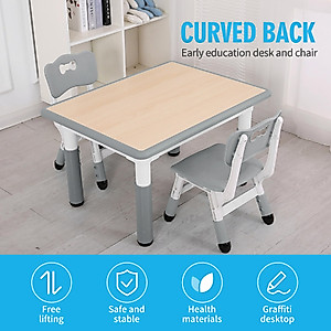 UNICOO Kids Table and Chairs Set, Height Adjustable Toddler Table and Chairs Set, Easy to Wipe Arts & Crafts Table, Suitable for Ages 2-10, Childrens Table and Chair Set (BY-60-MGY)
