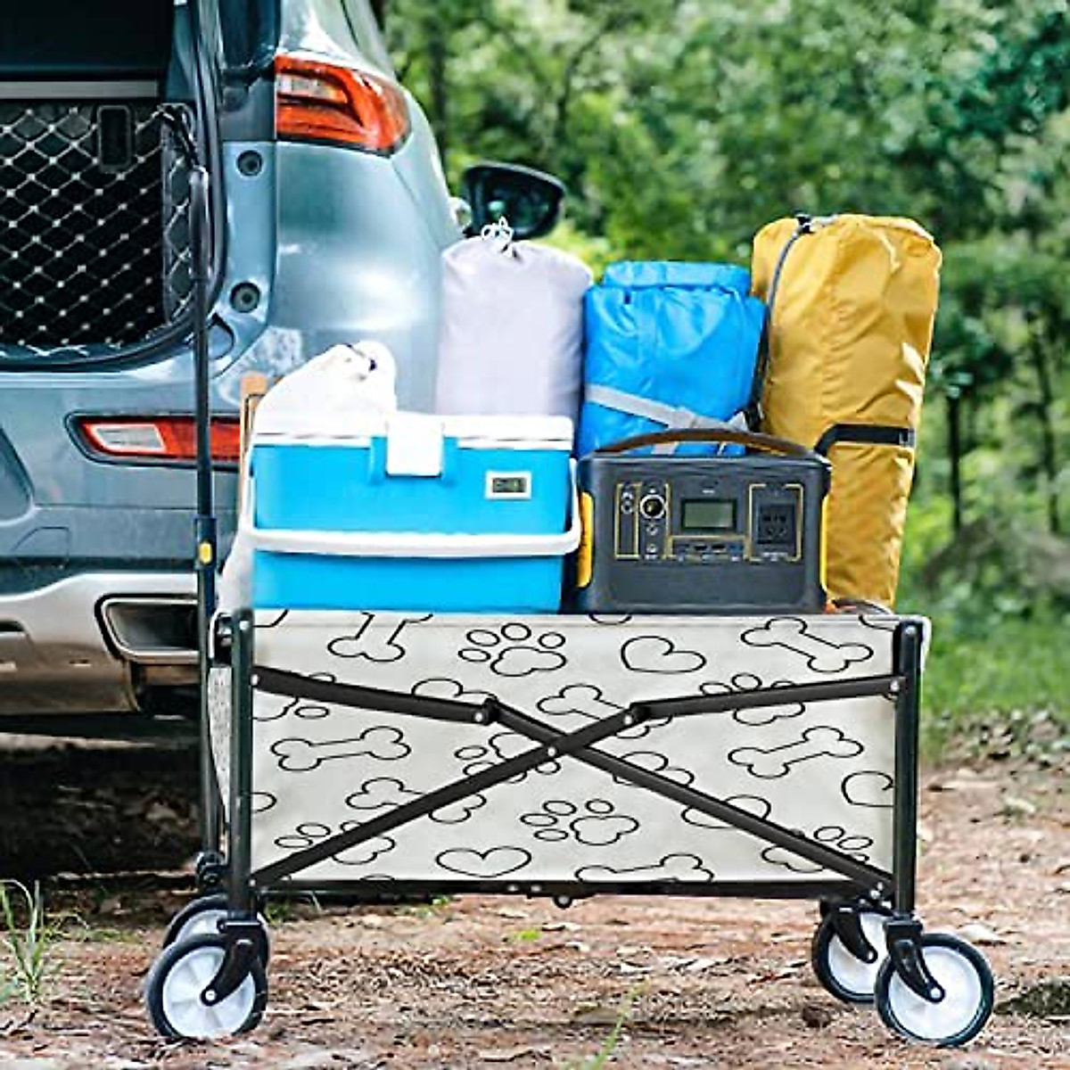 Collapsible Wagon Cart Pet Dog Footprints Heart and Bone Black Outline on a White Seamless Foldable Utility Wagon Large Capacity Garden Cart with Push Bar for Beach Camp Outdoor Shopping