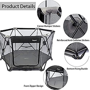 Abon Babies 6 Panel Play Pen Playard for Infants Portable Indoor and Out Door Washable Easy Assemble Play Activity Area with Mat and Carrying Bag for 1-6 Age 53" Wx 30" H(Grey