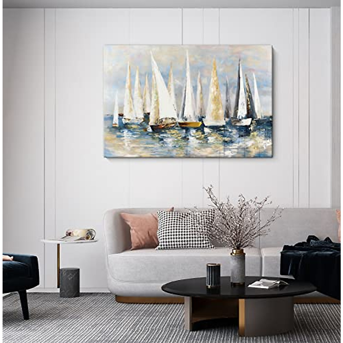 Yuegit Ocean Wall Art Sailboat Canvas Wall Art : Coastal Wall Decor Abstract Wall Art for Living Room Framed Prints for Home Decor Ready for Hang for Bedroom Bathroom Dining Room 24X36 Inch