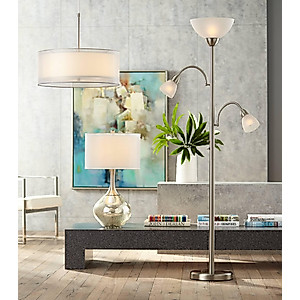 Possini Euro Design Alexei Modern Torchiere Floor Lamp Tree 3-Light Gooseneck Arm 72" Tall Brushed Nickel White Crackle Glass Pole Dimmer Living Room Reading House Bedroom Home Office