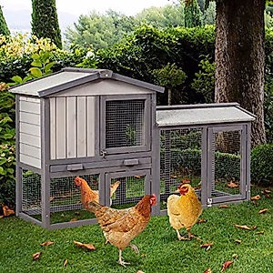 Tangkula Rabbit Hutch Indoor and Outdoor, 58-Inch Bunny Cage with Removable Tray & Ramp, Wood Chicken Coop with Waterproof Roof for Rabbits, Chicken and Guinea Pigs (Gray)
