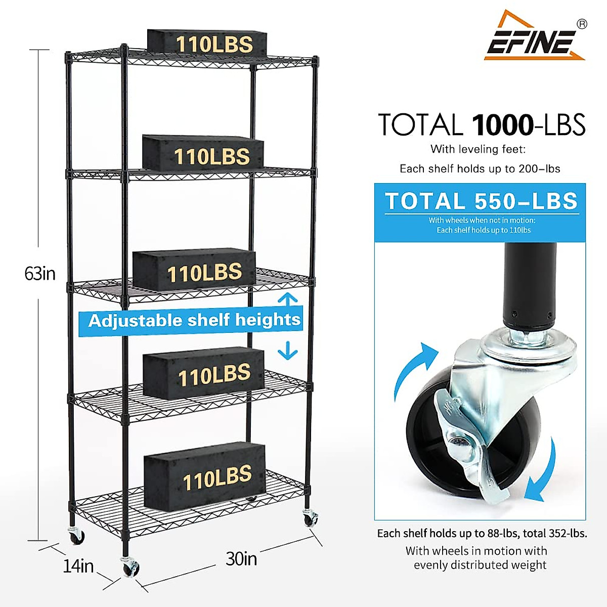 EFINE 5-Shelf Shelving Units and Storage on Wheels with Shelf Liners Set of 5, NSF Certified, Adjustable Carbon Steel Wire Rack for Garage, Kitchen, Office(63H X 30W X 14D)