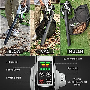 Cordless Leaf Blower&Vacuum SOYUS 3in1 Leaf Vacuum Mulcher 40V 360CFM 5 Speeds Brushless Battery Operated Leaf Blower for Lawn Care with 45L Bag (2 x 4.0Ah Battery and Charger Included)