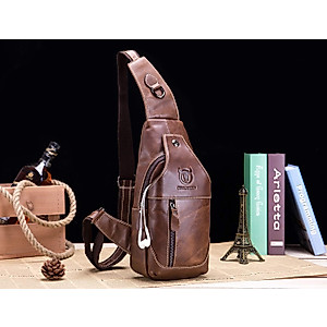 BULLCAPTAIN Genuine Leather Men Sling Crossbody Bag Multi-pocket Chest Bag Casual Travel Hiking Sling Backpack with Earphone Hole (Brown)