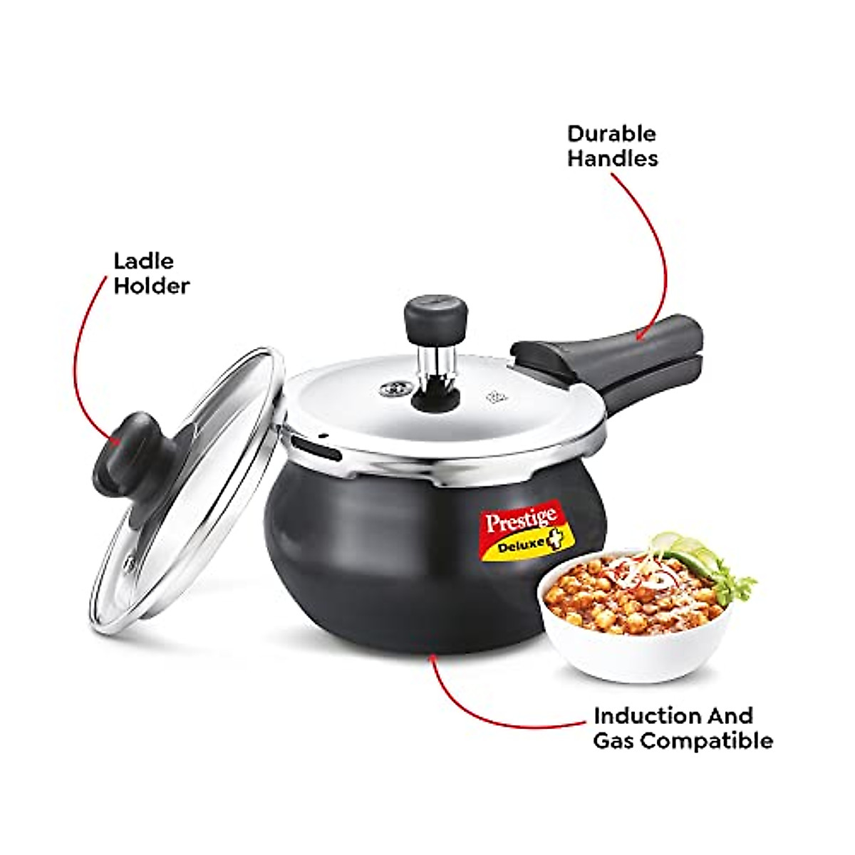 Prestige Deluxe Duo Plus Hard Anodised Handi Pressure Cooker With Stainless Steel Lid 3.0 Liters and Glass lid, medium (20144)