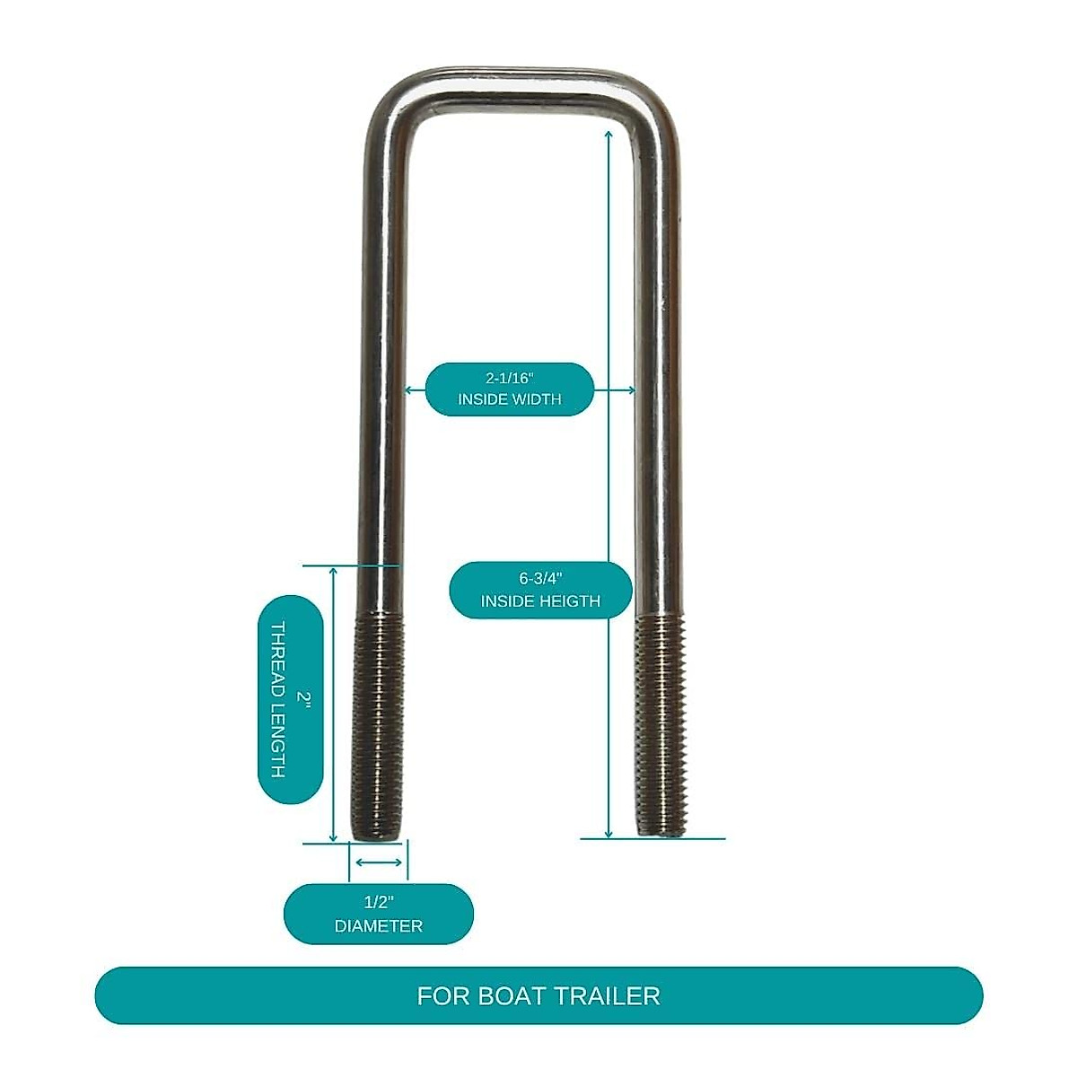 Square U-Bolt, Stainless Steel Square U-Bolt Boat Trailer Ubolts with washers and Nuts, U-Bolts for Sailboat Trailer, Automobiles Trailer Replacement Parts, 4 Pack (D-1/2-13 X W 2-1/16" X L 6-3/4")