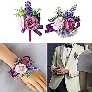 lengenyen 2Pcs Purple Wrist Corsage and Boutonniere Set, Artificial Rose Flower Corsage Wristlet and Men's Boutonniere Set for Wedding Prom Anniversary Homecoming Formal Dinner Party
