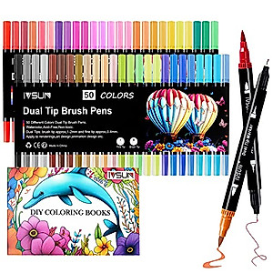IVSUN 50 Colors Dual Tip Brush Pens Art Markers, Fine Point and Brush Tip Colored Pen for Kids Adult Coloring Books Note Taking Coloring Writing, Bullet Journals Planners, Art Supplies