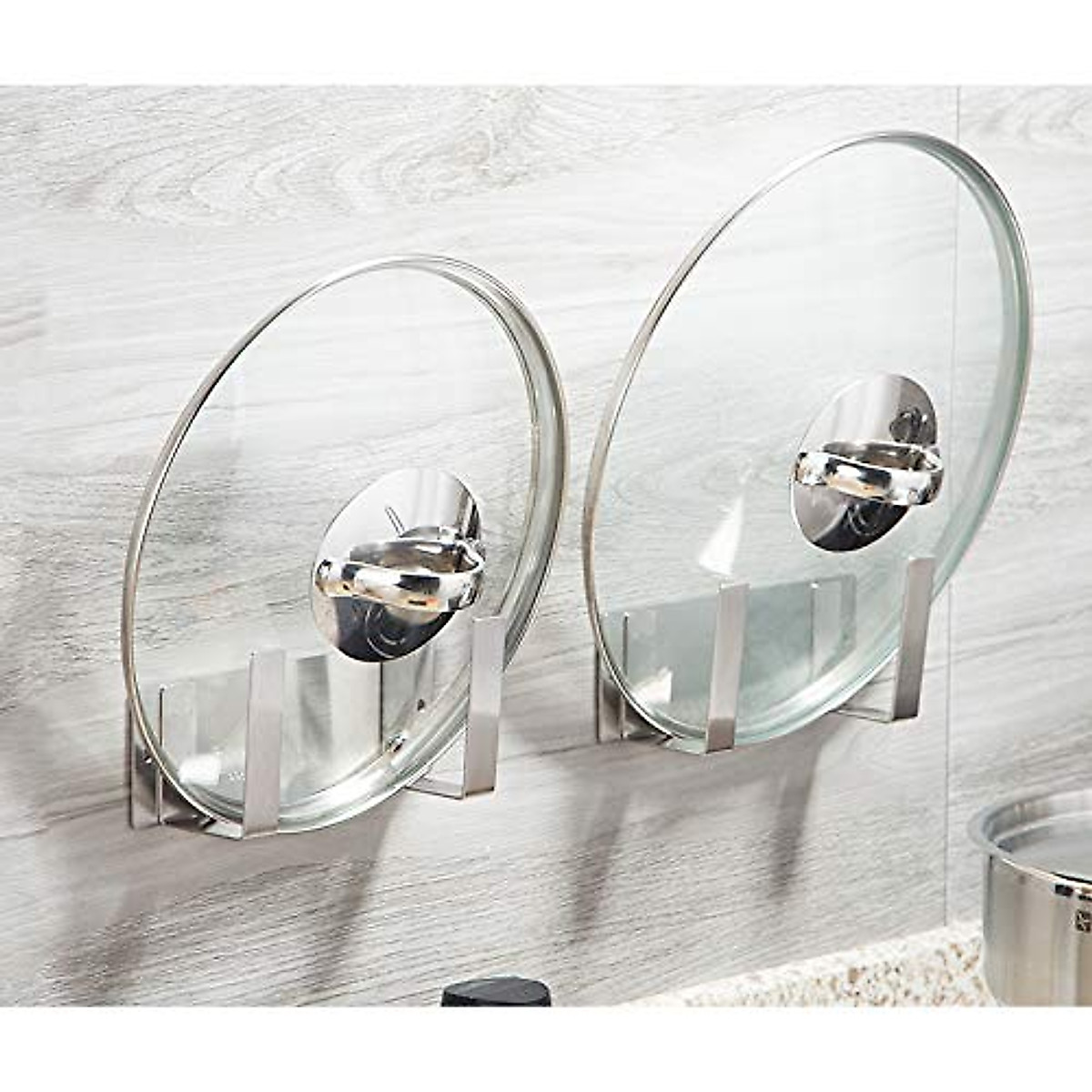 Pot Lid Rack, Wall Mounted 304 Stainless Steel Pan Lid Organizer Holder, 3M Self Adhesive, Kitchen Cooking Utensil Tool (Silver, Set of 2)