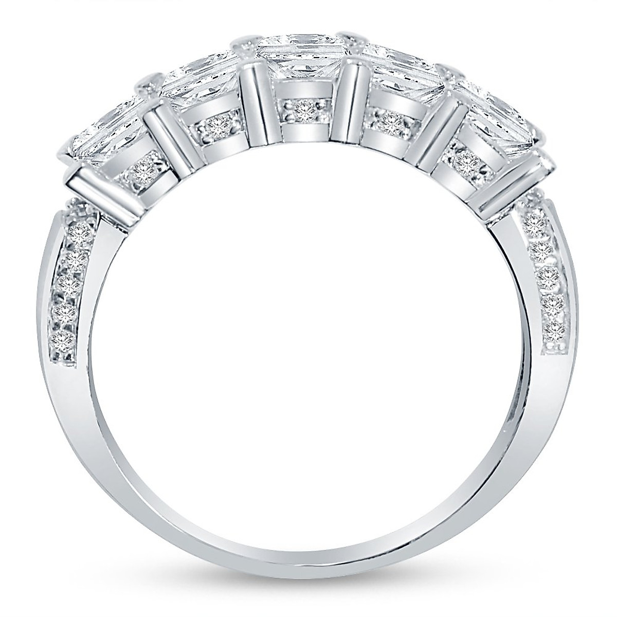 Size - 7 - Solid 14k White Gold 5mm Princess Cut Five Stone With Side Accents Anniversary Ring Wedding Band CZ Cubic Zirconia 2.0cttw.