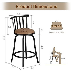 FurnitureR Classic Barstools Set of 2, Country Style Bar Chairs with Back and Footrest Swivel Counter Height Bar Stools for Kitchen Island Pub, Bistro, Restaurant, Rustic Brown and Black (24 Inch)