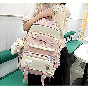LaurelTree Kawaii Aesthetic Cute 5pcs School Bags Set with Accessories School Suppliers for Teens Girls Backpack Tote Bag (Pink)