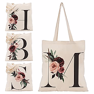 Floral Canvas Bags Gifts for Bridesmaid - Initial Tote Wedding Bag for Bridal Shower - Engagement Shoulder Totes Bags for Women - Bachelorette Party Gift for Girl - 15"x16" Large Bag C2 (Initial #M)