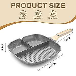 Tauvirboff Nonstick Grill Pan, 3-in-1 Nonstick Divided Breakfast Grill Pan for Stove Tops, Egg Frying Pan for Egg, Bacon & Burgers, Stone Coating Cookware for Gas, Electric & Induction, 11“ (Black)