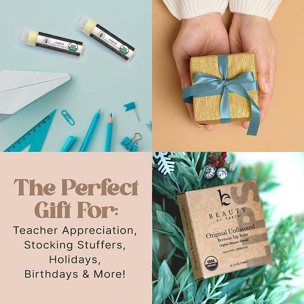 USDA Organic Lip Balm - USA Made with Natural Ingredients, 4 Pack Unflavored Chapstick for Dry Lips, Valentines Day Gifts, Birthday Gifts for Her & Him, Beauty Gifts, Lip Moisturizer, Mens Gift Ideas