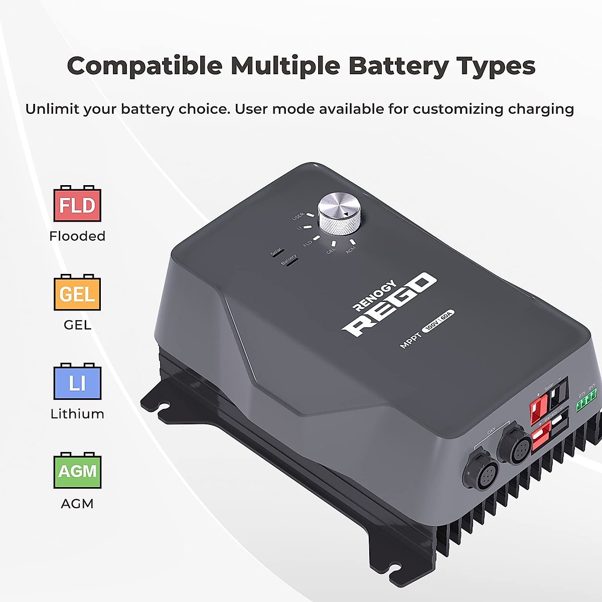 Renogy REGO 60A 12V DC Input MPPT Plug & Play Solar Charge Controller Built-in Bluetooth Module and Battery Protect Unit Compact Slight Design fit for AGM, FLD, Gel, and Lithium Batteries, REGO 60A