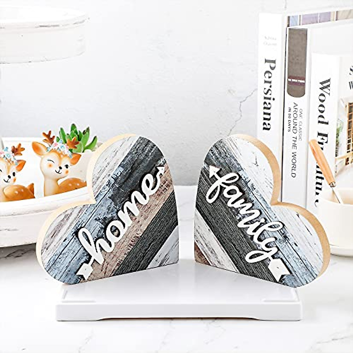 2 Pcs Rustic Wood Love Home Sign Heart Shaped Wooden Table Centerpiece Farmhouse Buffalo Plaid Family Sign for Home Living Room Kitchen dining room Table Decoration (Simple Style)