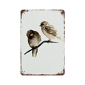 Graman Antique Metal Tin Sign Birds Watercolor Aluminum Metal Sign Brown Sparrow Natural Home Decor Abstract Bird Metal Tin Sign Two Sparrows Art Decor Rustic Shabby Chic Decor 8x5.5 Inch