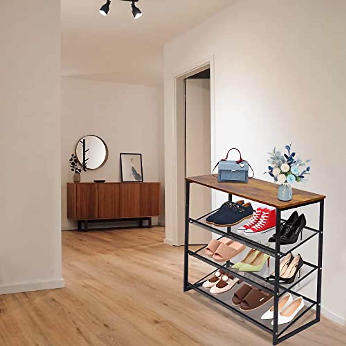 aboxoo 4-Tiers Shoes Rack Tilting Adjustable Freestanding Shoe Rack Large 9 Pairs 25.2 IN Storage Organization Brown Wood Metal For Entryways, Hallways, Closets, Dormitory Rooms, And Industries