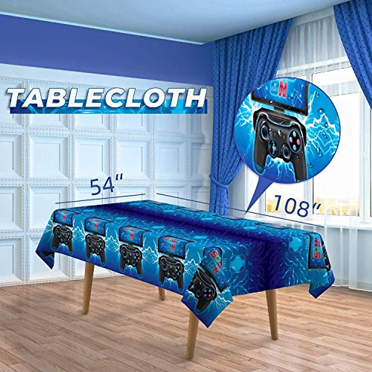 DECORLIFE Game on Party Supplies Serves 24, Blue Video Game Party Supplies Includes Tablecloth, Popcorn Boxes, Birthday Plates for Boys Gamer Party Decorations, Total 200PCS