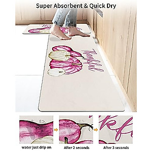 Thanksgiving Fall Bath Mat for Tub,Non Slip Bathroom Floor Runner Rug Quick Dry & Absorbent Diatomaceous Earth Shower Sink Kitchen Washable Doormat,Thanksful Harvest Pumpkin Pink White 20x24+20x48